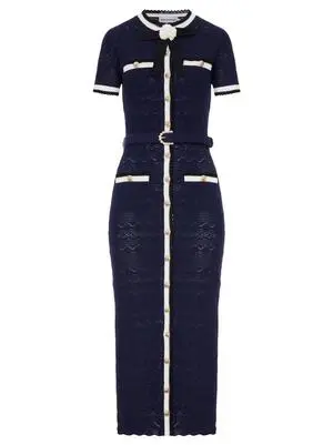 SELF-PORTRAIT Perforated Knit Midi Dress - Blue