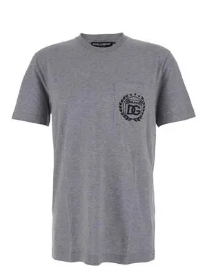 Dolce & Gabbana Grey Crewneck T-shirt With Logo Embroidery On The Front In Cotton - Gray