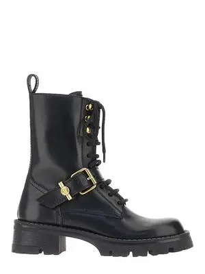 Versace Smooth Leather Combat Boots With Medusa Hardware - Black