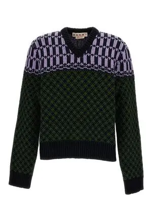 Marni MARNI Geometric Jacquard Carded Wool V-Neck Sweater Multicolor