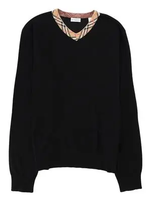 Burberry Maglia In Lana Merino Con Scollo Check - Black
