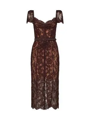 SELF-PORTRAIT SELF-PORTRAIT Floral Lace Belted Midi Dress Multicolor
