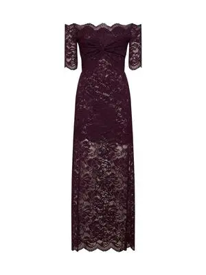 Rabanne Magenta Purple Stretch Floral Lace Layered Long Dress - Multicolor