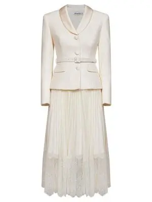 SELF-PORTRAIT Cream Georgette And Bouclé Belted Midi Dress - Multicolor