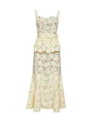 SELF-PORTRAIT Macramé Lace Belted Peplum Midi Dress - Multicolor