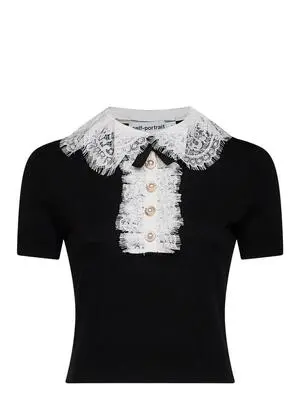 SELF-PORTRAIT Self Portrait Women Black Wool Knit Top With Lace Collar Multicolor