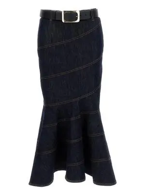 SELF-PORTRAIT Belted Denim Midi Skirt - Multicolor