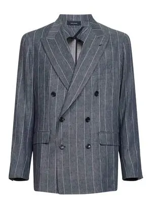 Tagliatore Blue Pinstriped Linen Blend New York Double-breasted Blazer - Multicolor