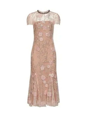 SELF-PORTRAIT Pink Sequin Flower-embroidered Tulle Midi Dress - Multicolor