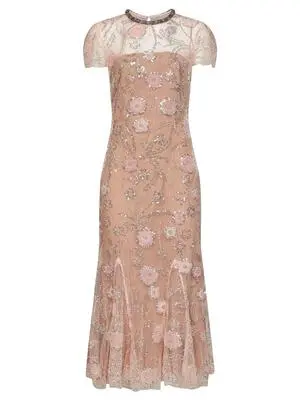 SELF-PORTRAIT Sequin Flower-embroidered Tulle Midi Dress - Multicolor