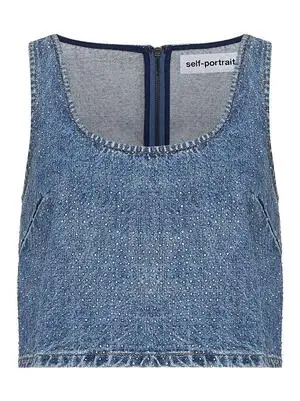 SELF-PORTRAIT Blue Rhinestone Denim Crop Top - Multicolor