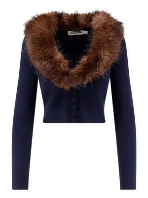 SELF-PORTRAIT Faux Fur Trim Cardigan - Blue