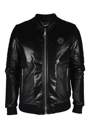 Philipp Plein Leather Bomber Jacket - Black