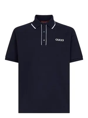 Gucci Navy Blue Cotton Pique Embroidered Polo Shirt - Multicolor