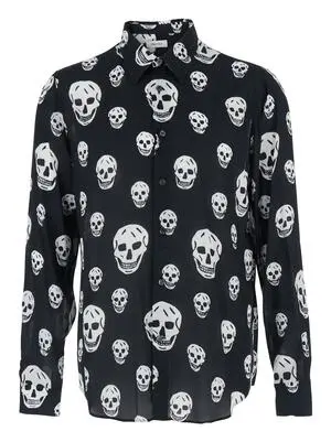 Alexander McQueen Alexander Mcqueen Men Black Pointed Collar Shirt With All-Over Skull Print For Men Multicolor