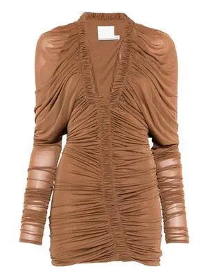 Christopher Esber V-neck Long Sleeve Ruched Mini Dress - Brown
