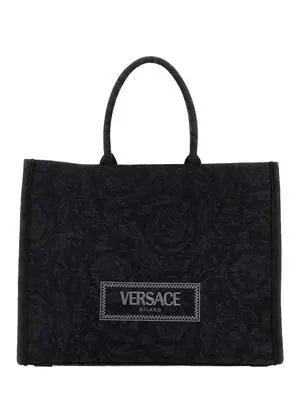 Versace Embroidered Fabric Big Athena Shopping Bag - Black