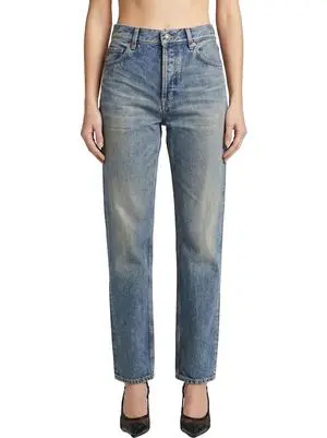 Saint Laurent Cropped Fit Cotton Denim Jeans - Blue