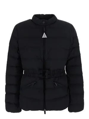 Moncler Esthetique' Black Down Jacket With Waist Belt And Logo Patch On The Sleeve In Tech Fabric For - Multicolor
