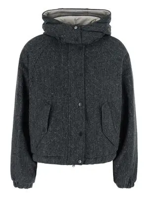 Brunello Cucinelli Gray Down Jacket With Removable Hood And Button Closure In Wool Blend For - Multicolor