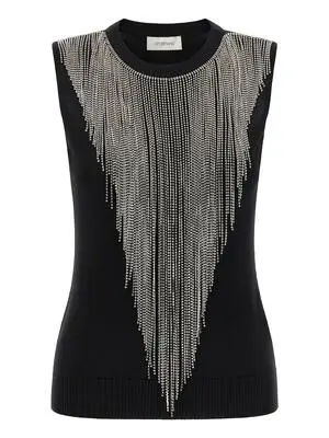 Sportmax Spxcrine Crystal-fringed Virgin Wool Top - Black