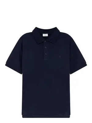 Saint Laurent Pique Cotton Polo Shirt With Cassandre Embroidery - Blue