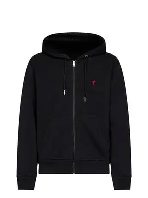 AMI Paris Black Cotton De Cœur Zip-up Hoodie - Multicolor