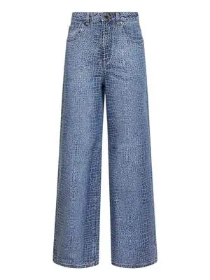 SELF-PORTRAIT Rhinestone Embellished Croc-effect Stretch Denim Jeans - Multicolor