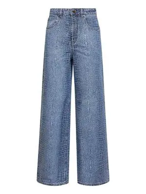 SELF-PORTRAIT Rhinestone Embellished Croc-effect Stretch Denim Jeans - Multicolor