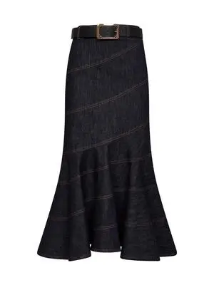 SELF-PORTRAIT Indigo Denim Belted Midi Skirt - Multicolor