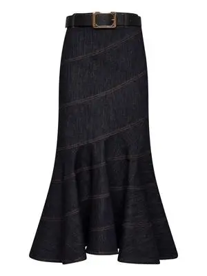 SELF-PORTRAIT Denim Belted Midi Skirt - Multicolor
