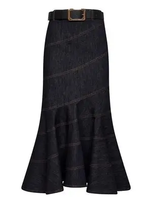 SELF-PORTRAIT Denim Belted Midi Skirt - Multicolor