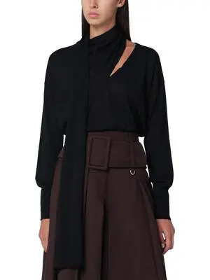 ROBERTO COLLINA Fine Knit Wool Sweater With Scarf - Black