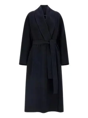 Max Mara Virgin Wool Belted Coat - Navy Blue