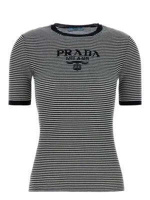 Prada Striped Recycled Silk Crew Neck Sweater With Logo - Blue