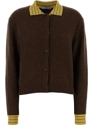 Prada Cashmere Cardigan With Striped Trims - Brown