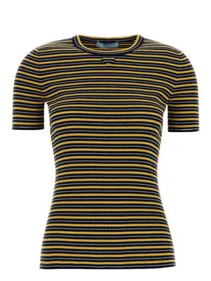 Prada Striped Stretch Cotton Blend T-shirt - Blue