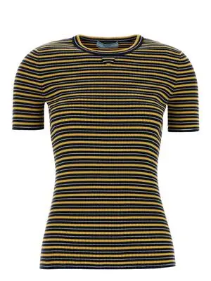 Prada Striped Stretch Cotton Blend T-shirt - Blue