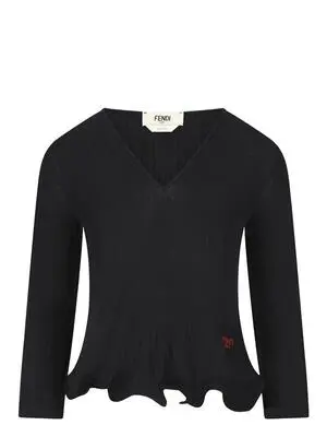 Fendi V-neck Ribbed Top With Ruffles - Black