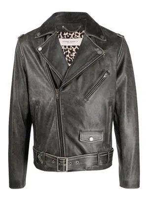GOLDEN GOOSE Grained Texture Leather Biker Jacket - Black