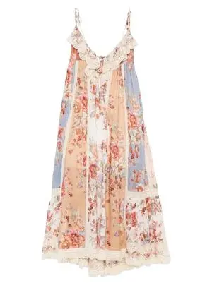 Zimmermann Floral Print Lace Trim Ruffled Spaghetti Strap Dress - Cream