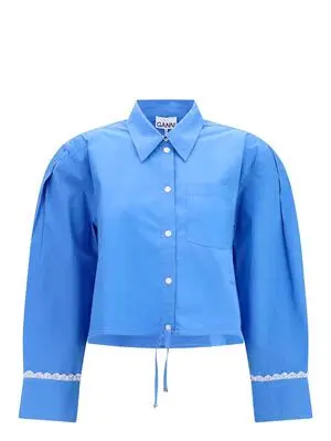 GANNI Cotton Shirt With Lace Details - Blue