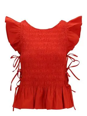 GANNI Ruched Cotton Top With Side Bows - Red