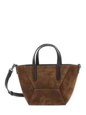 Brunello Cucinelli Duo' Brown Mini Bag With Adjustable And Removable Shoulder Strap And Logo Lettering On The Front In Suede For - Multicolor
