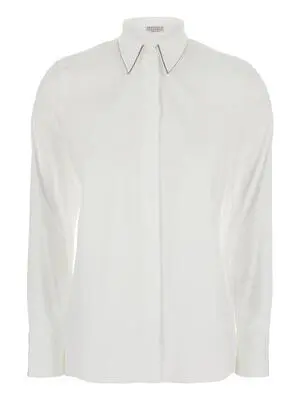Brunello Cucinelli Shirt With Pointed Collar And Monile Detail White - Multicolor