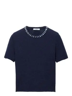 Prada Crew Neck Sweater In Virgin Wool And Cashmere With Applied Rhinestones - Blue