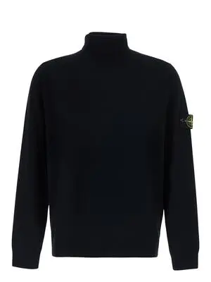 Stone Island Black Sweater With High Collar And Logo Patch On The Sleeve In Cotton - Multicolor