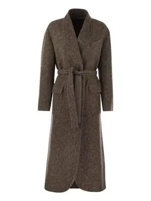 Brunello Cucinelli Wool And Cashmere Diagonal Mélange Coat With Belt And Necklace - Brown