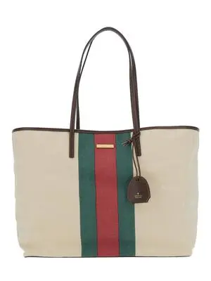 Gucci White Tote Bag With Web Ribbon And Logo Plate On Front In Canvas For - Multicolor