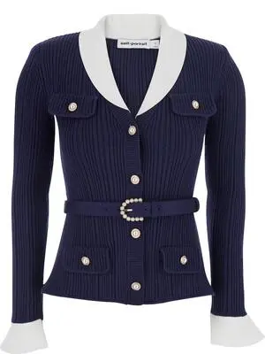 SELF-PORTRAIT Ribbed Cardigan With Belt - Multicolor